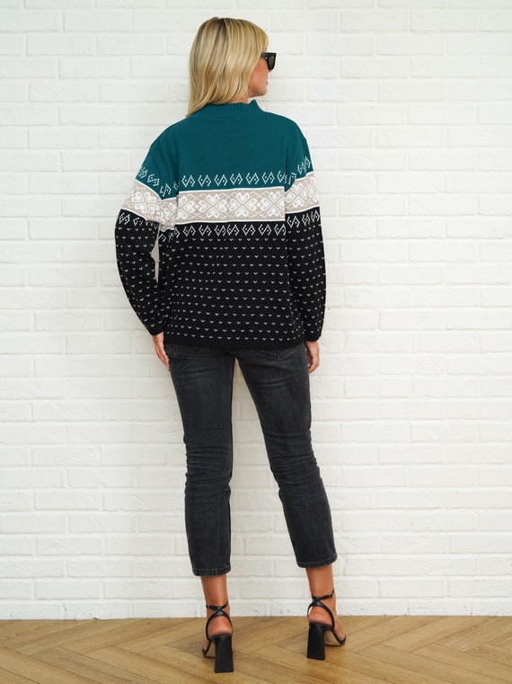 90s Striped Sweater vintage Color Block Teal Black Lo… - Gem