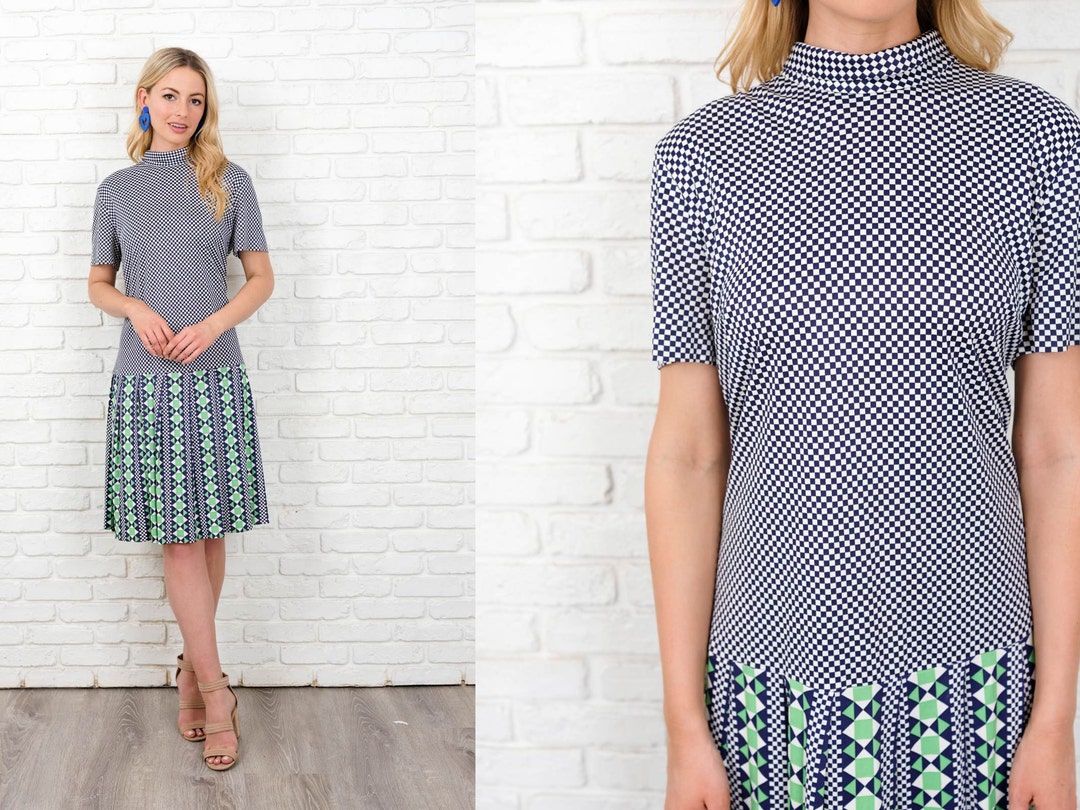 Vintage 60s Geometric Dress Mod Striped Checkered Drop Waist Green Geo ...
