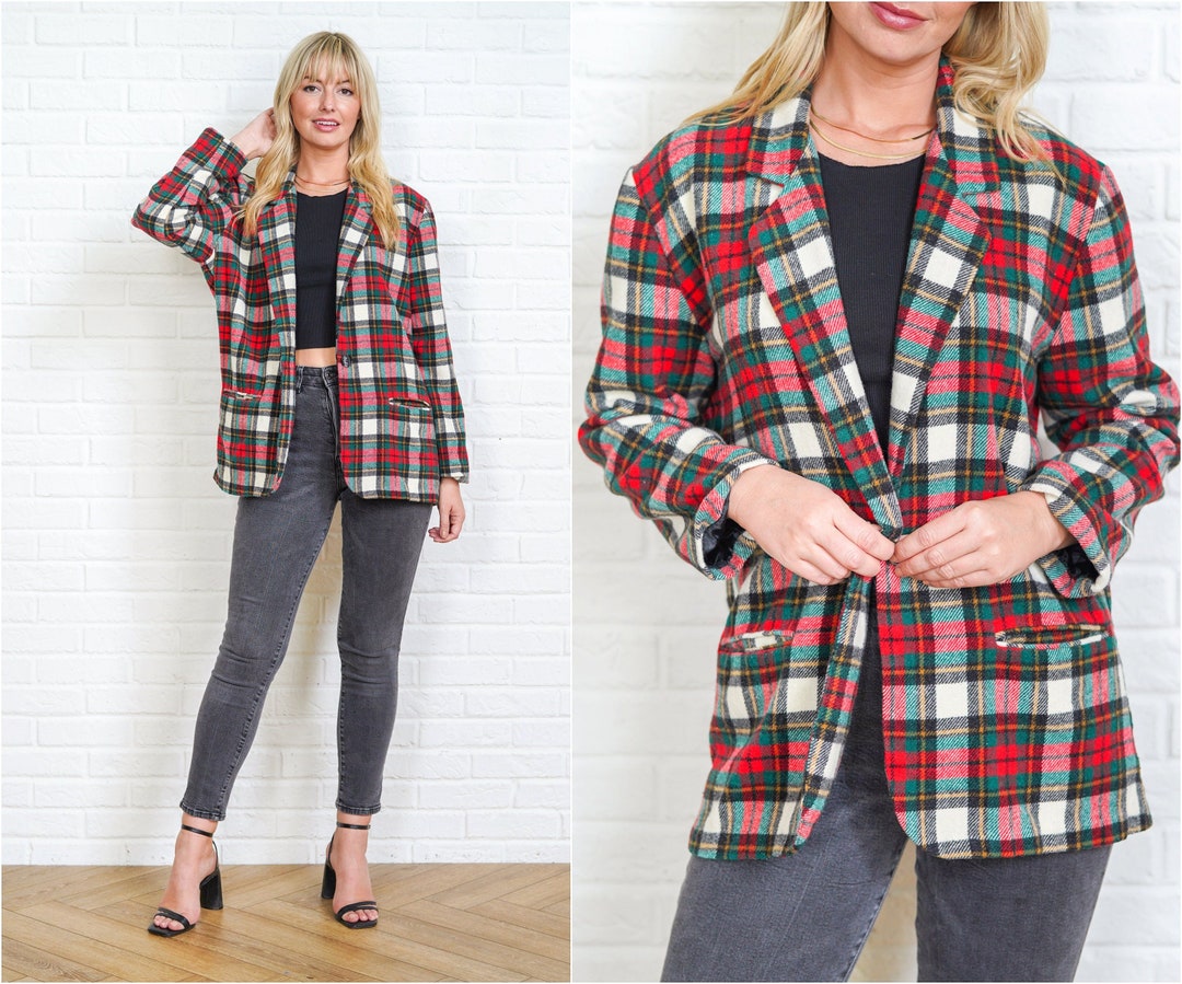 80s Tartan Plaid Jacket Vintage Boyfriend Blazer Top Green Red Oversize ...