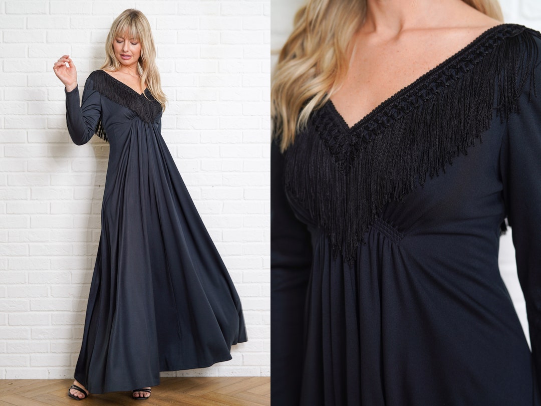 70s Fringe Maxi Dress Vintage Full Mod Party Plunging Long Sleeve Small ...