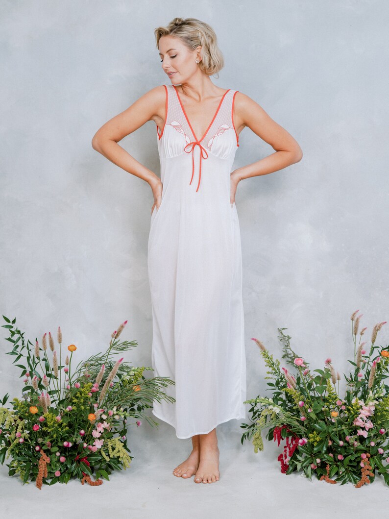 Vintage 60s 70s White Red Mesh Sheer Bow Tie Boudoir Lingerie Nightgown Slip Dress Nighty ...
