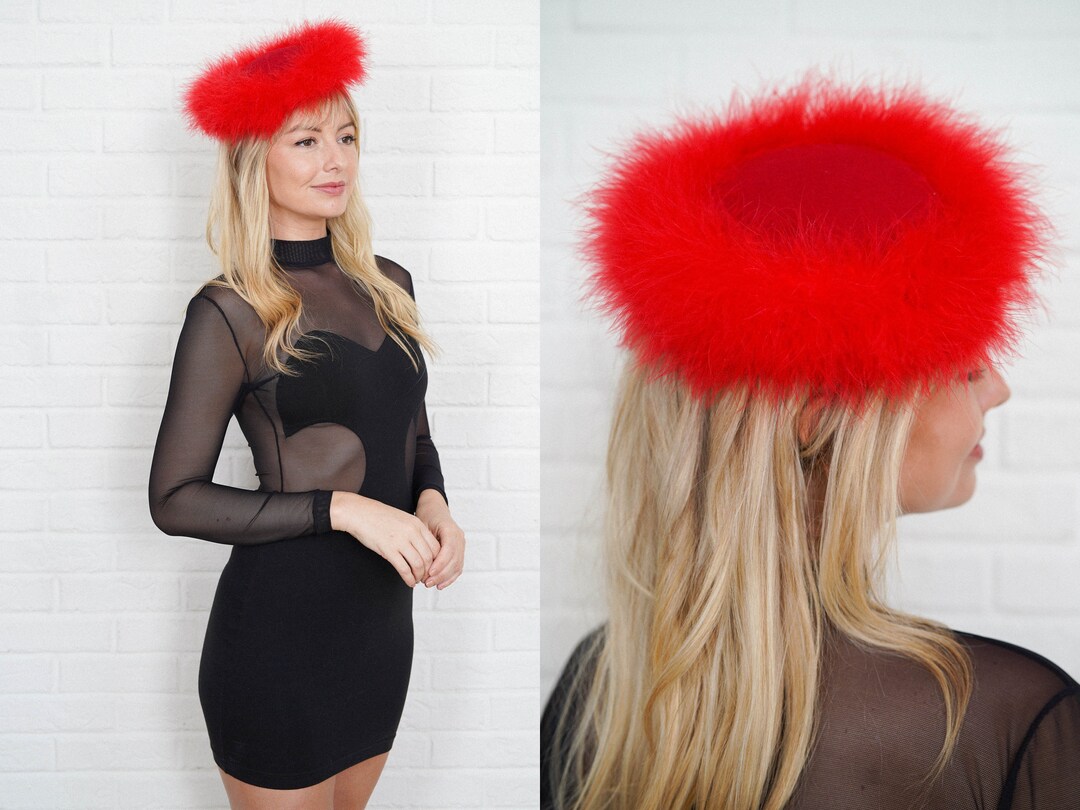 60s Red Feather Hat Tilt Hat Pill Box Felt French Small Fascinator - Etsy