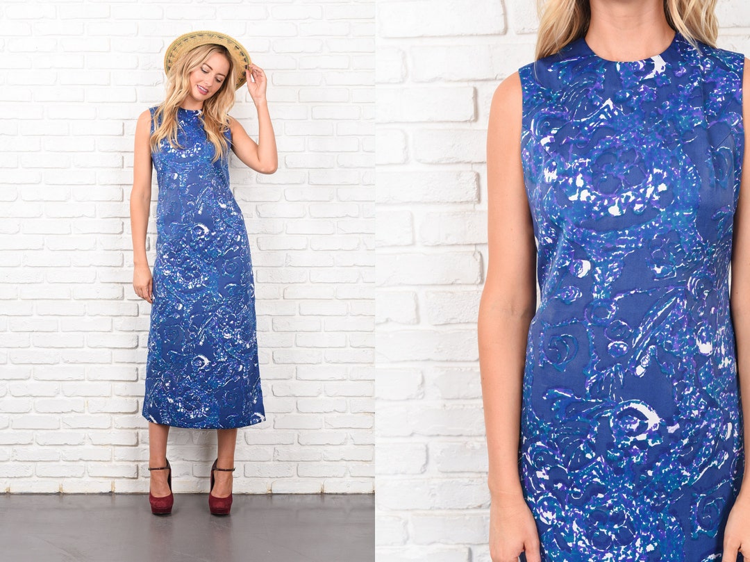 70s Blue Midi Dress Vintage Mod Poly Knit Sleeveless XS Crewneck ...