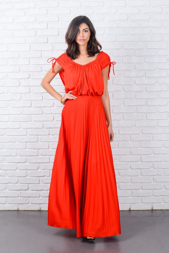 Vintage 70s Red Maxi Dress Draped Accordion Pleated F… - Gem