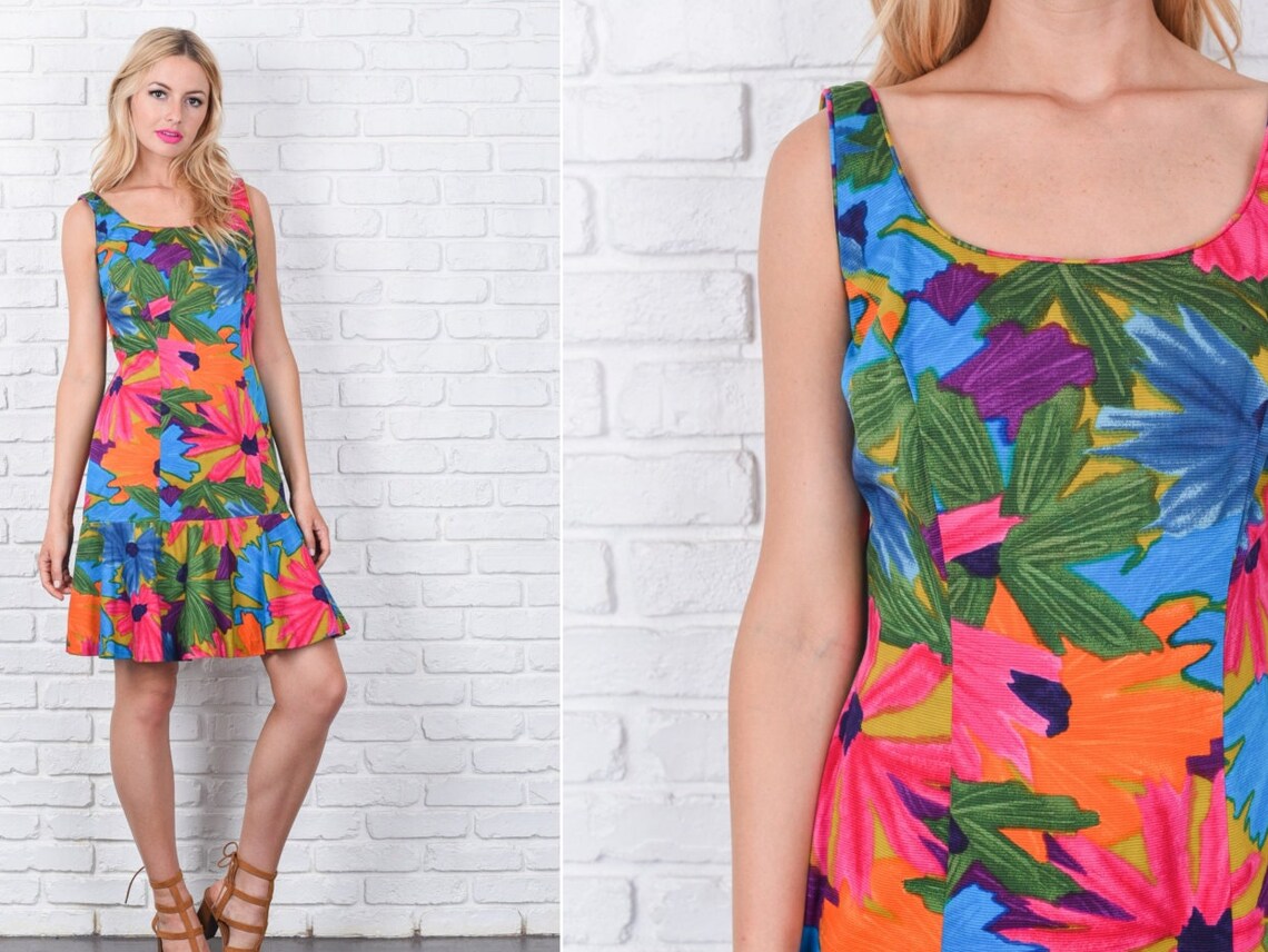 Vintage 70s Green Pink Floral Print Dress Tropical Flower - Etsy