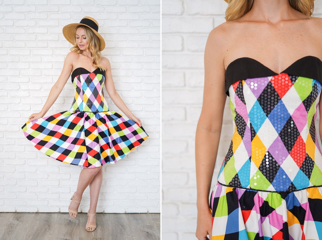 Vintage 90s Checkerboard Dress Sweetheart Neckline Full Strapless Geo S ...