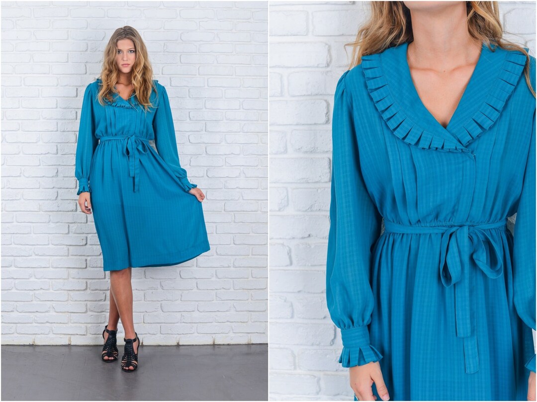 80s Teal Retro Dress Vintage Ruffle Plaid Striped Slouchy Puff - Etsy