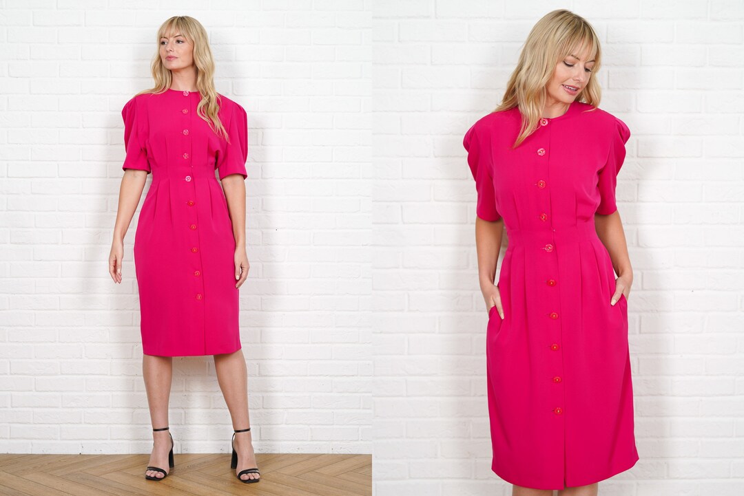 80s Pink Secretary Dress Vintage Retro Sheath Short Sleeve Pleated ...