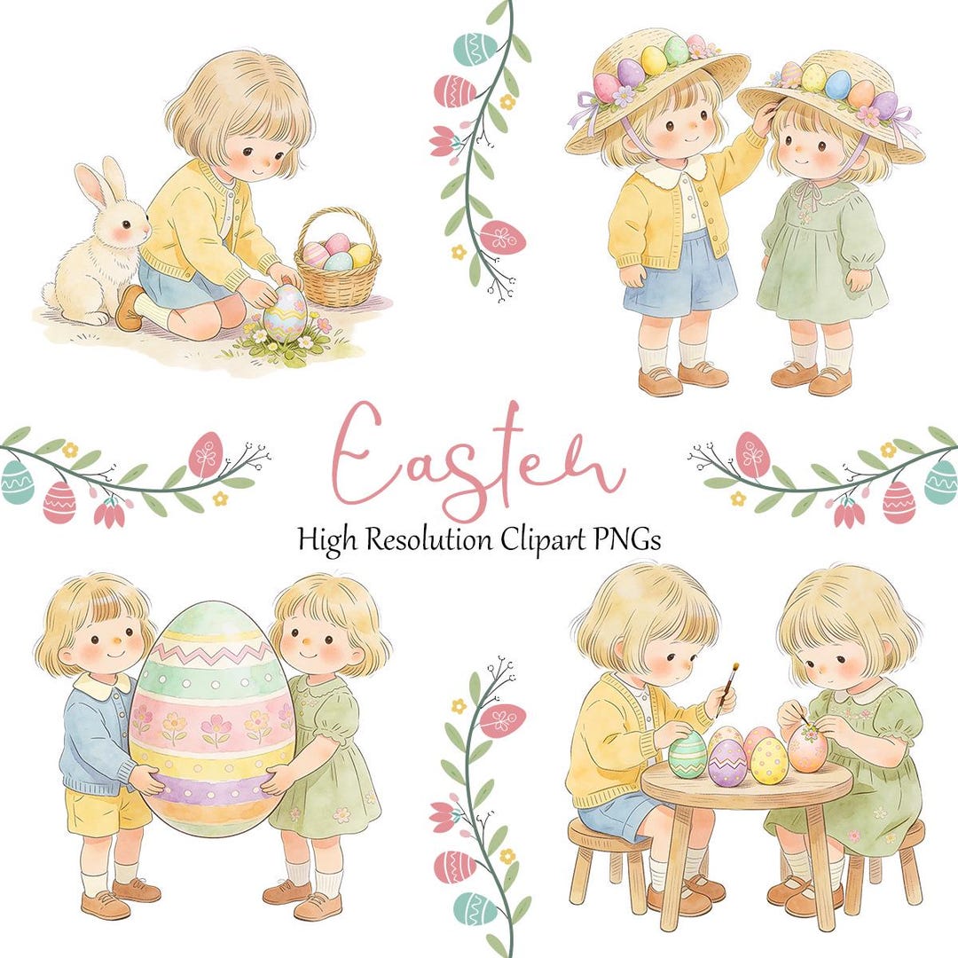 Easter Bunny Kids Clipart PNG Bundle, Children Decorating Eggs ...