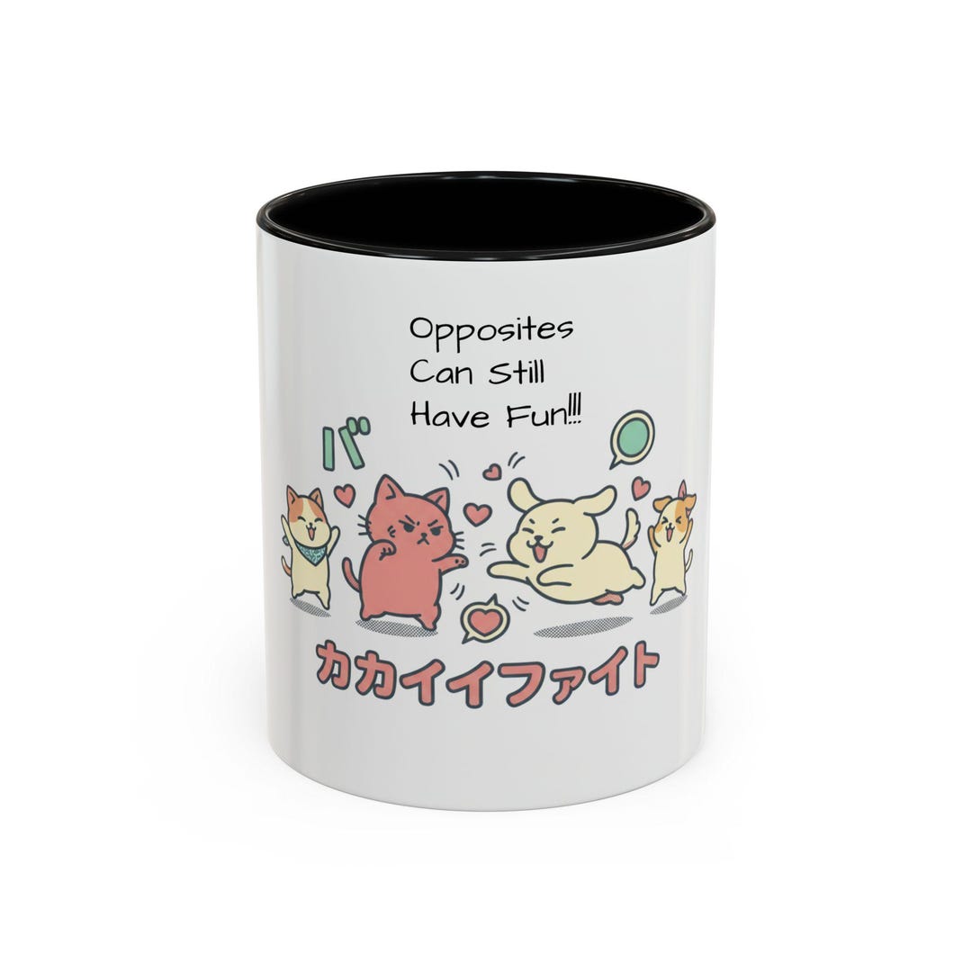 Opposites Can Still Have Fun! Cats and Dog Characters Mug | Accent ...