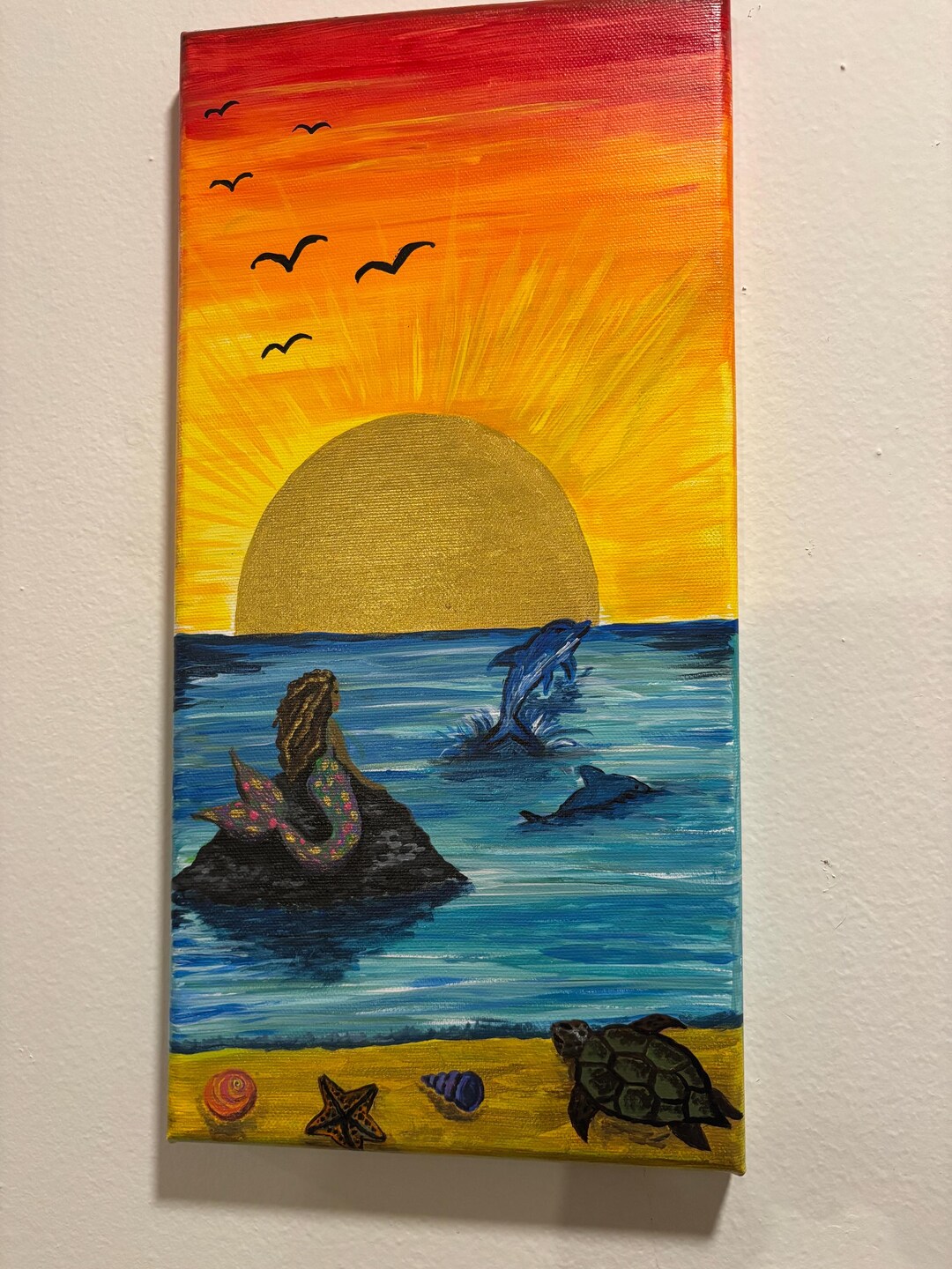 Mermaid Beach Sunset Painting, Dolphins, Turtle, Seashells, Lemuria - Etsy