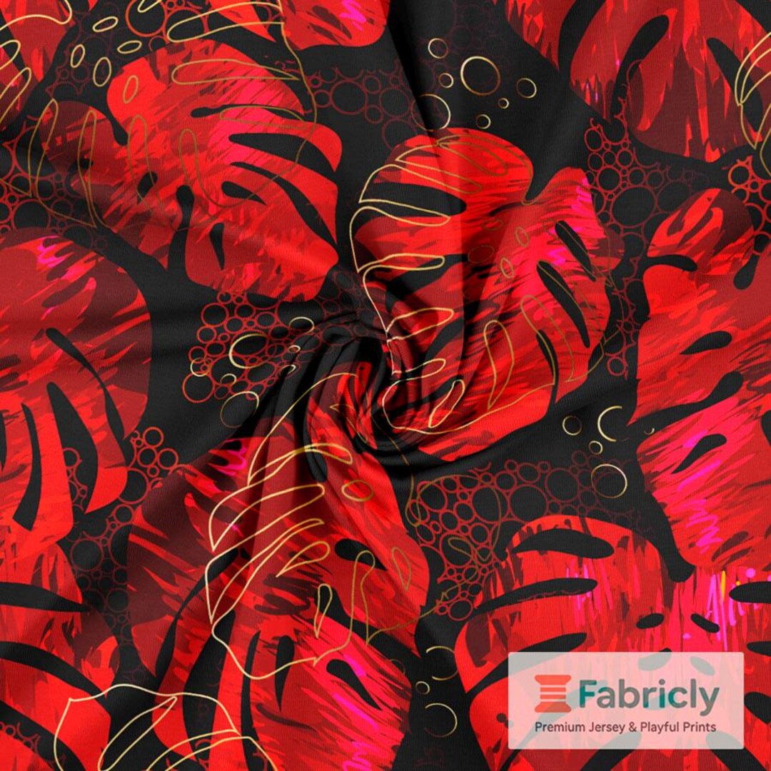 Red Monstera Gold Outlines Black Cotton Jersey | Tropical Gilded Leaf ...