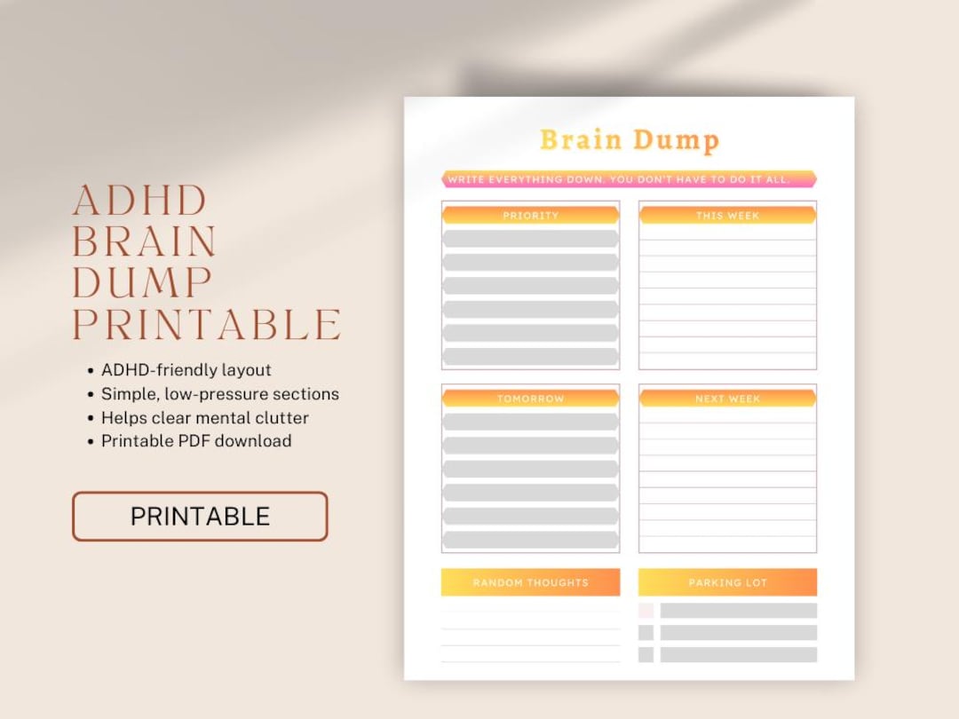ADHD Brain Dump Printable | Task Tracker, Mental Clutter Relief (PDF ...