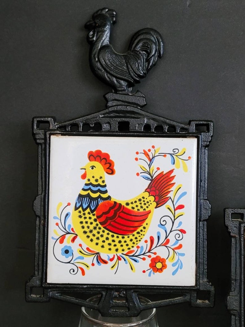 Set of Four Vintage Cast Metal Rooster Trivets With Colorful Bird ...