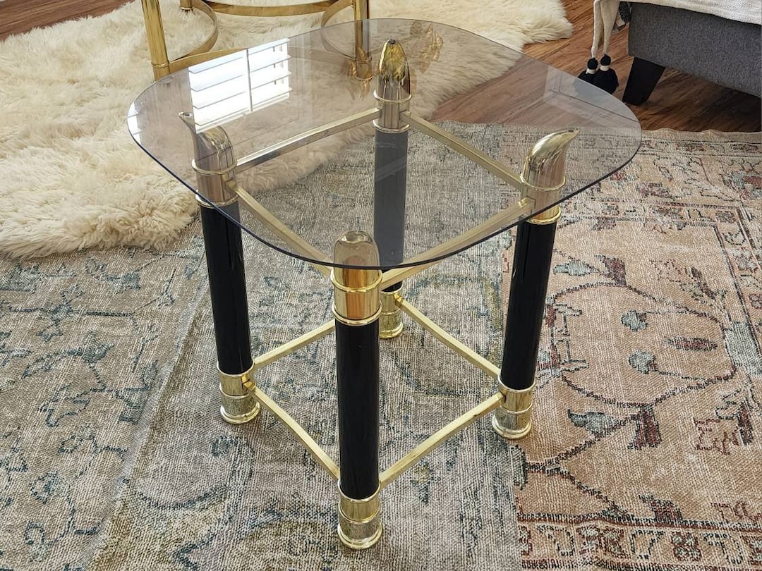 Vintage Brass Faux Tusk and Black Laquer Side Table With Smoked Glass ...