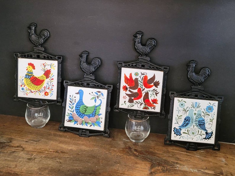 Set of Four Vintage Cast Metal Rooster Trivets With Colorful Bird ...