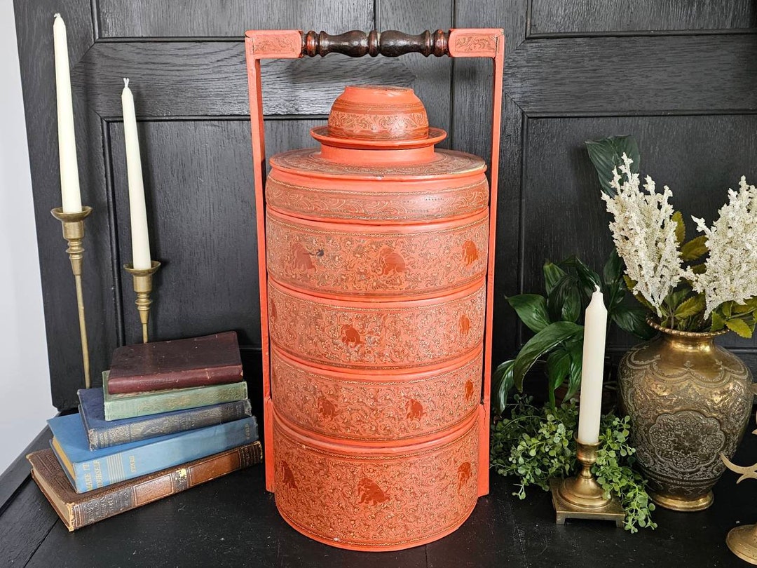Vintage Japanese Red Elephant Motif Four Tier Picnic Basket | Red ...