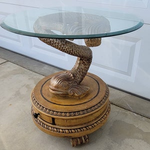 Asian Chinoiserie Dolphin Koi Fish Side Table With Drawer Eclectic ...