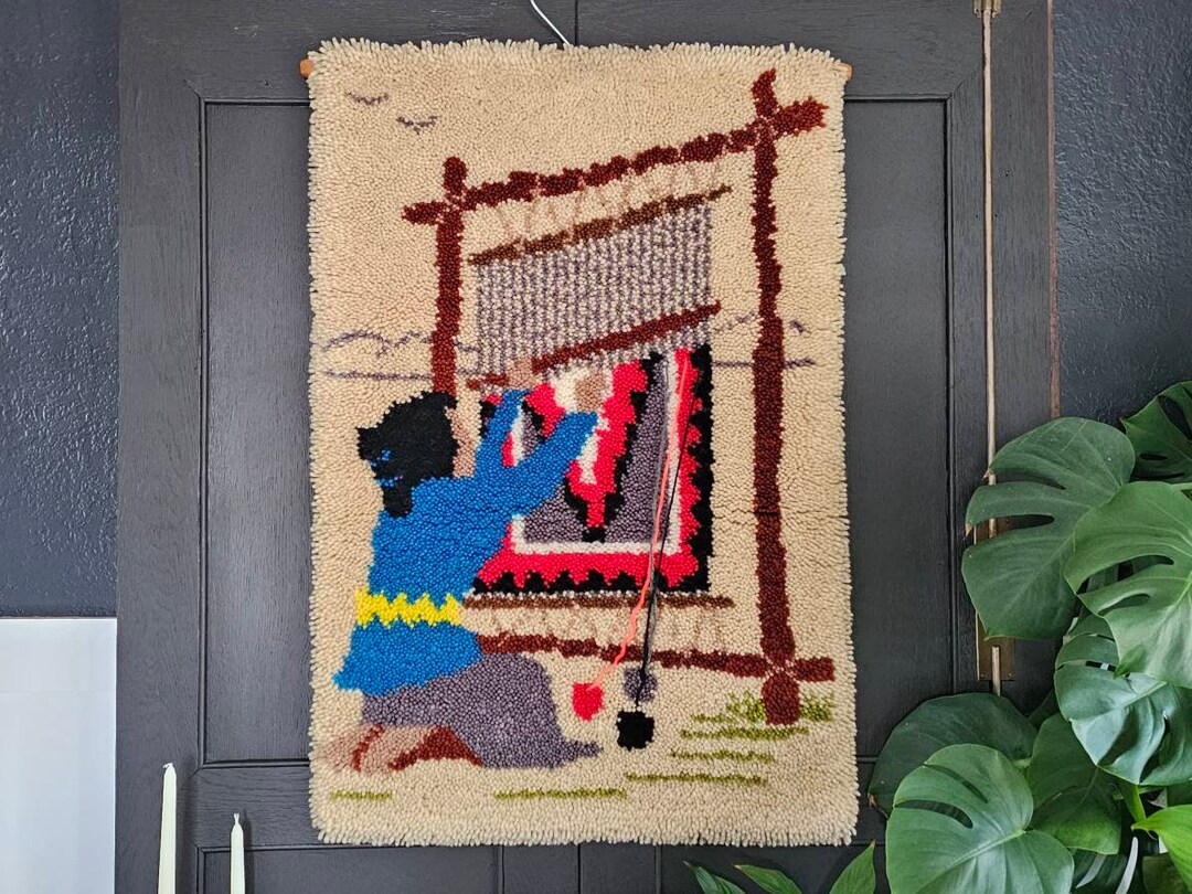 Large 1970s Latch Hook Wall Hanging of Traditional Native American Loom ...