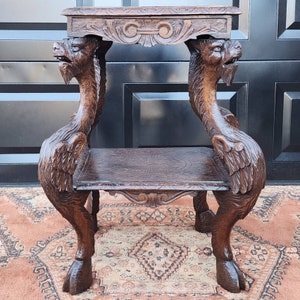 Antique Carved Wood Two Tier Side Table With Hoofed Griffin Legs Ornate ...
