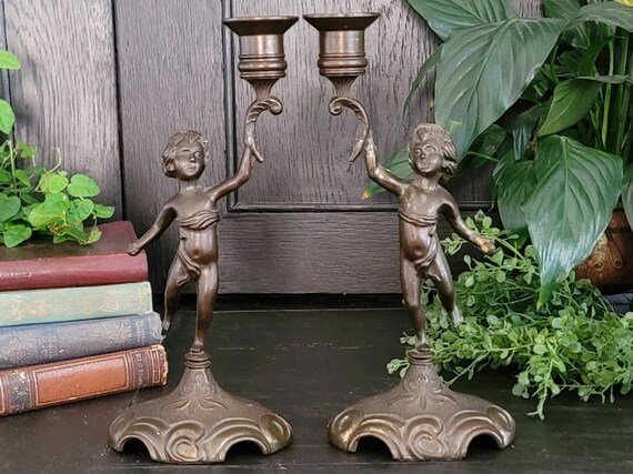 Pair of Bronze Tone Cherub Candlestick Candleholders Dark | Etsy