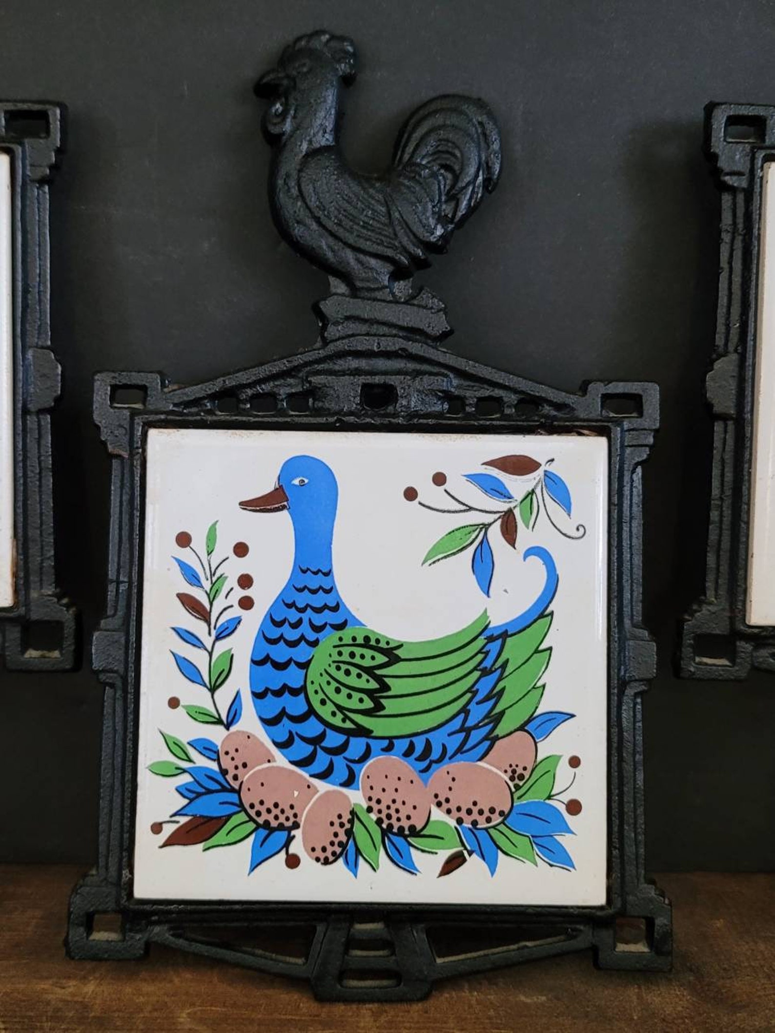 Set of Four Vintage Cast Metal Rooster Trivets With Colorful Bird ...