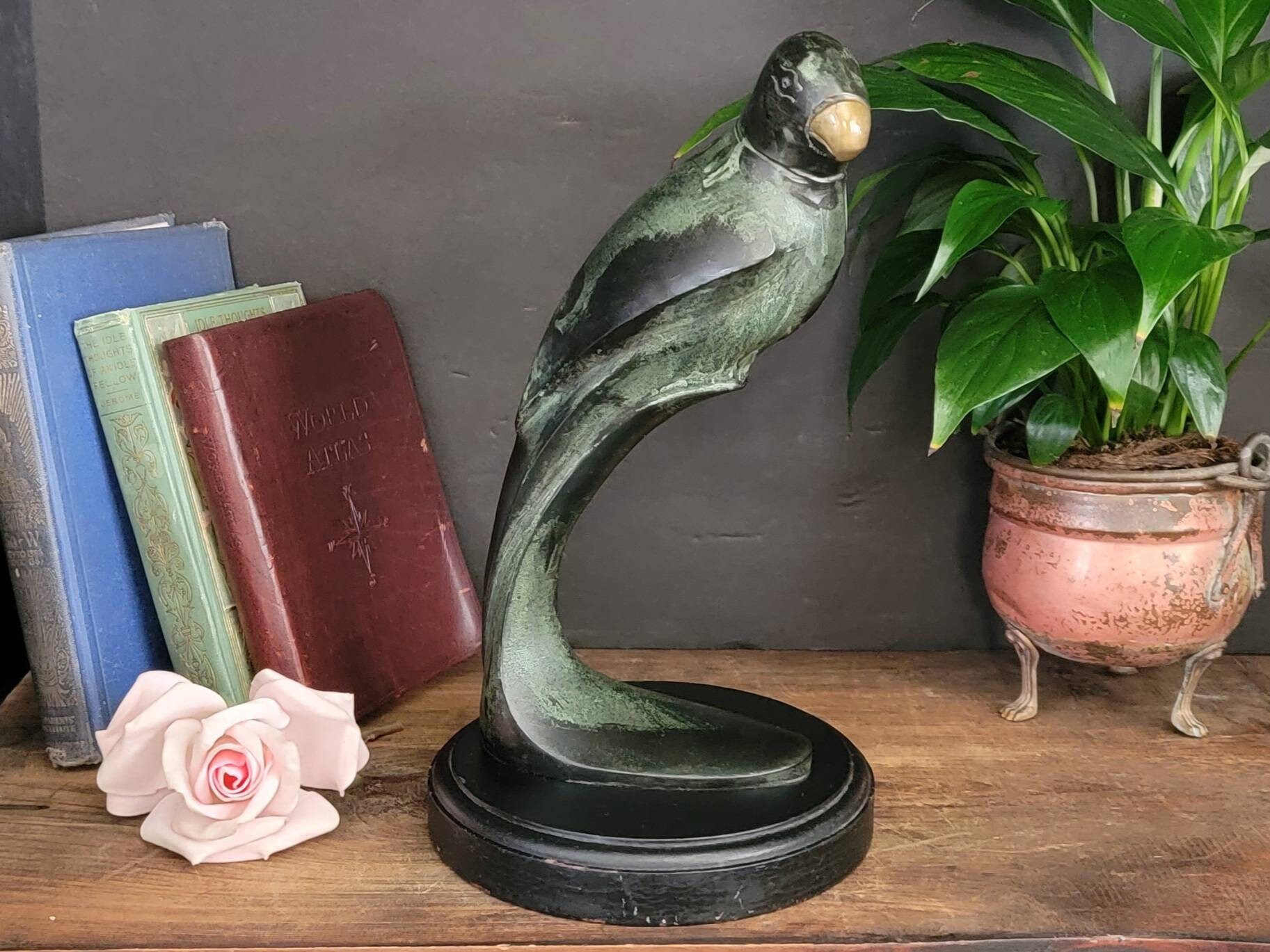 Metal Parrot Sculpture With Green Patina and Brass Colored - Etsy