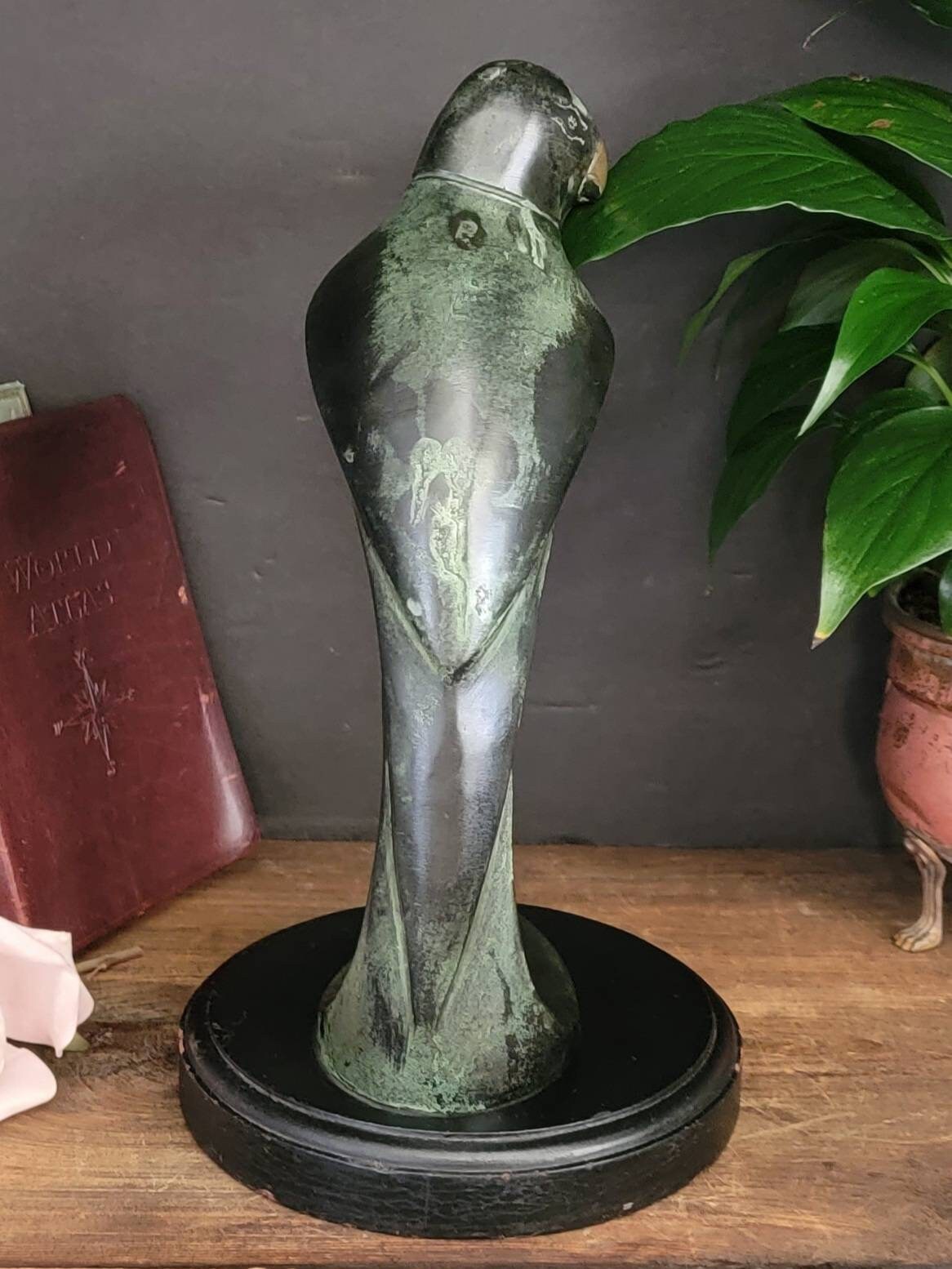 Metal Parrot Sculpture With Green Patina and Brass Colored Beak on Wood ...