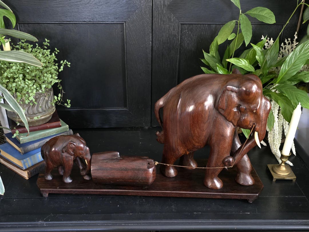 Large 26" Long Rosewood Carving of Two Elephants Carrying Log | 14 ...