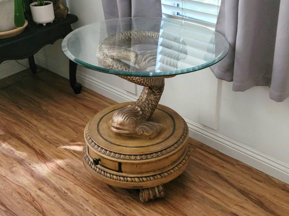 Asian Chinoiserie Dolphin Koi Fish Side Table With Drawer - Etsy