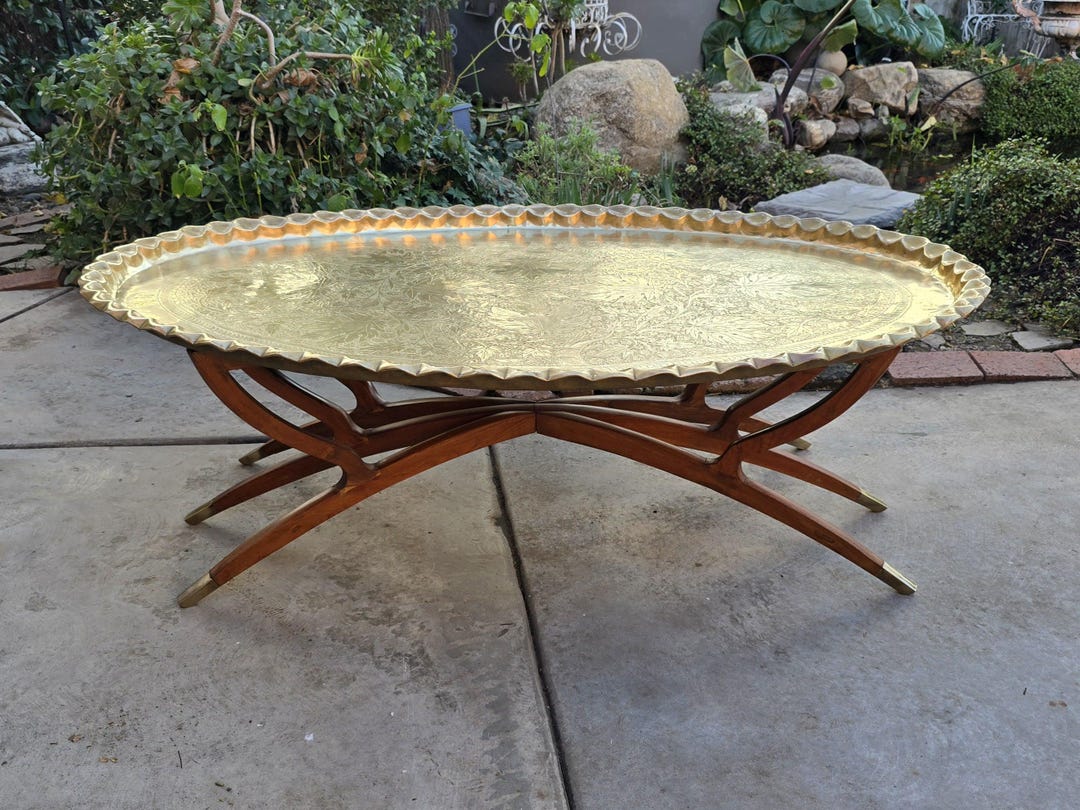 Huge Mid Century Wood Spider Leg Table With Oval Etched Brass Tray ...
