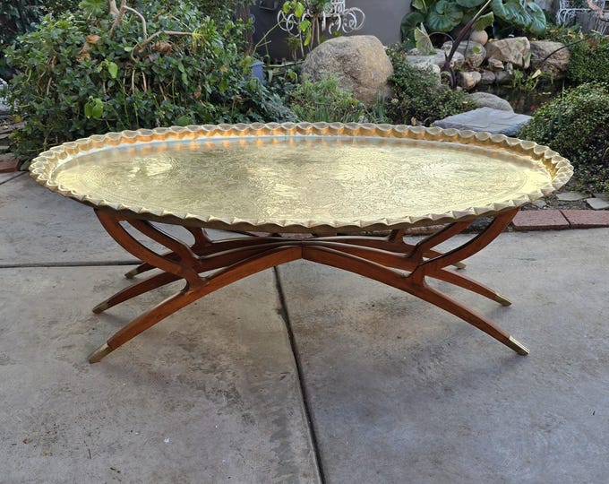 Huge Mid Century Wood Spider Leg Table With Oval Etched Brass Tray ...