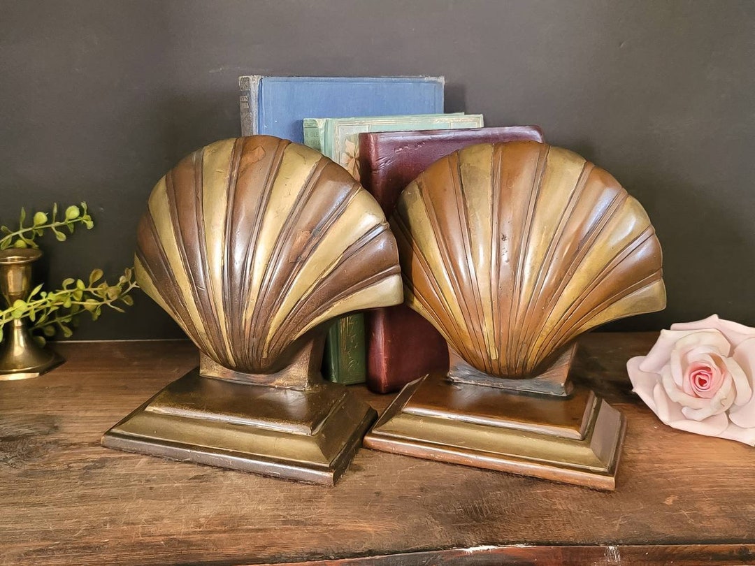 Vintage Two Tone Brass Seashell Bookends | Heavy Brass Clamshell Book Ends | Mid Century Brass ...