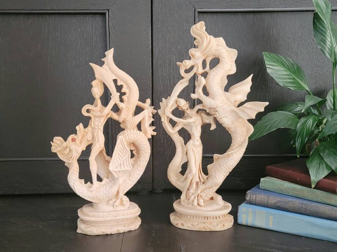 Pair of Vintage Faux Ivory Asian Dragon Slayer Statues | Two Asian ...