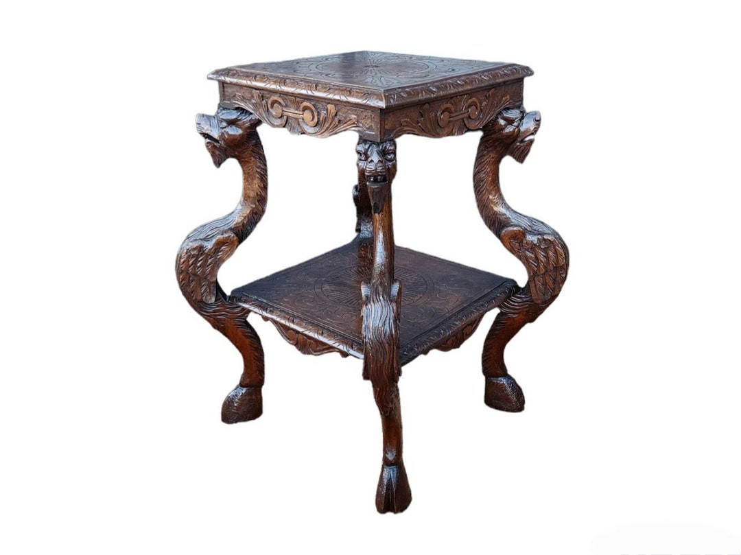 Antique Carved Wood Two Tier Side Table With Hoofed Griffin Legs ...