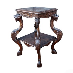 Antique Carved Wood Two Tier Side Table With Hoofed Griffin Legs Ornate ...