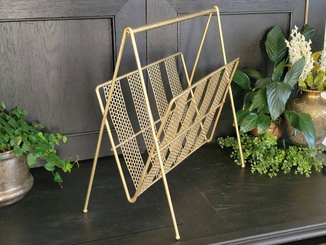 Vintage Gold Metal Record Holder | Mid Century Metal Two Tier Record ...