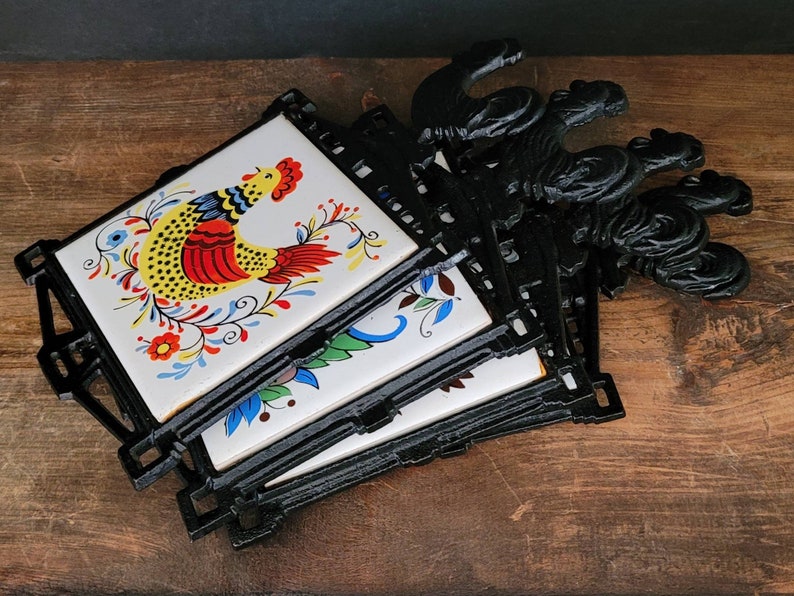 Set of Four Vintage Cast Metal Rooster Trivets With Colorful Bird ...