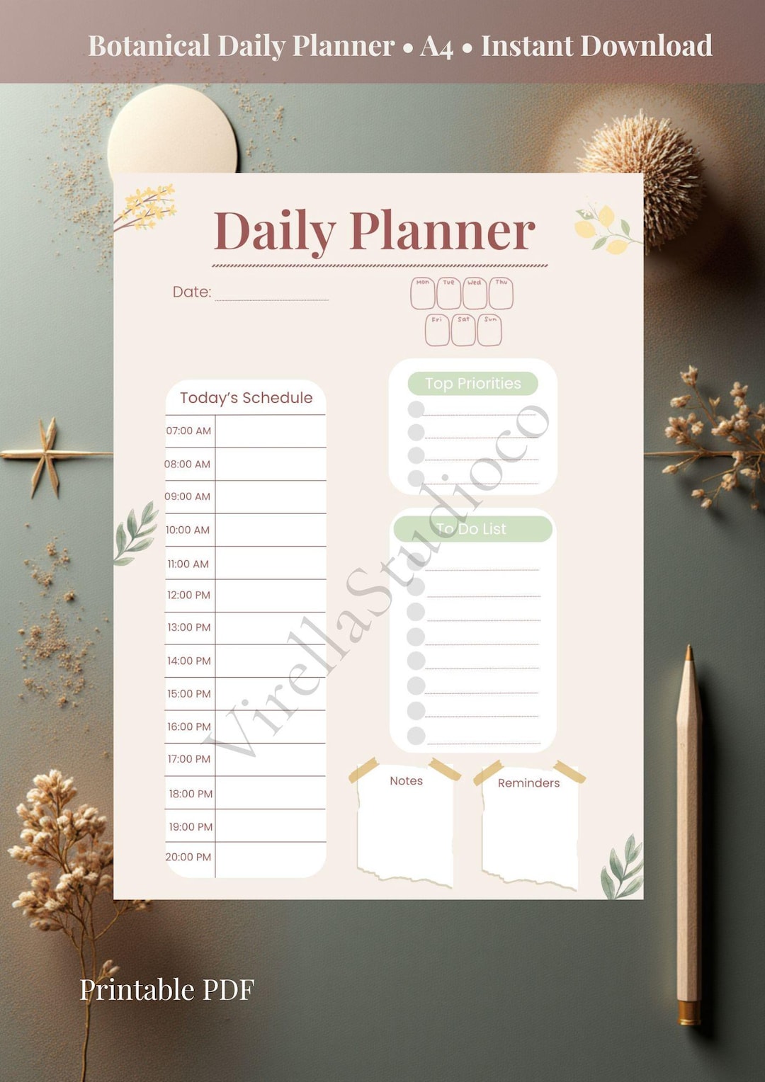 Botanical Daily Planner Printable | Minimal Nature Planner A4 | Instant ...