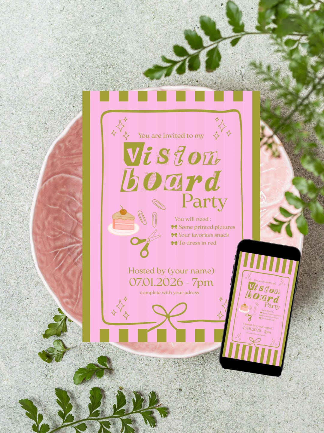 Vision Board Party Invitation Template Pistacchio Green & Pink Stripe ...