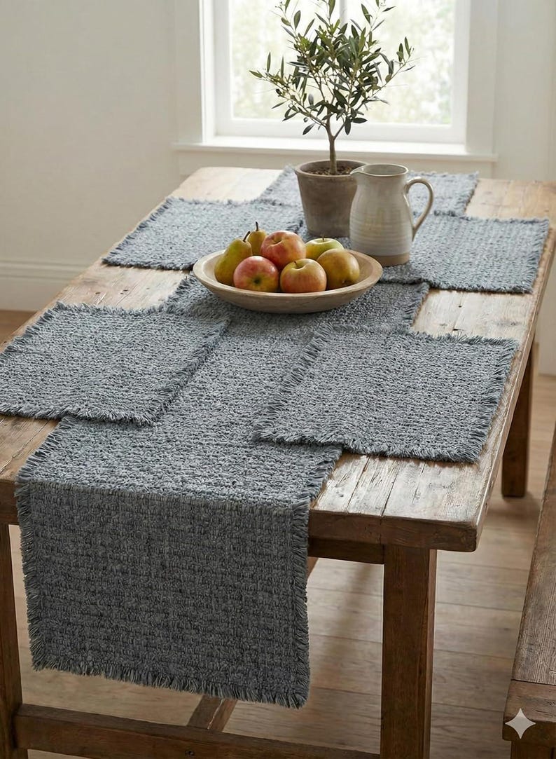 181 Degrees Textured Table Runner With Fringe, Blue, Cotton Woven ...