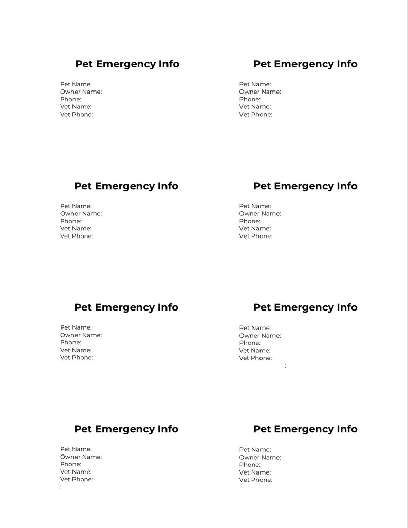 Pet Emergency Wallet Card Printable | Dog & Cat Emergency Info | Vet ...