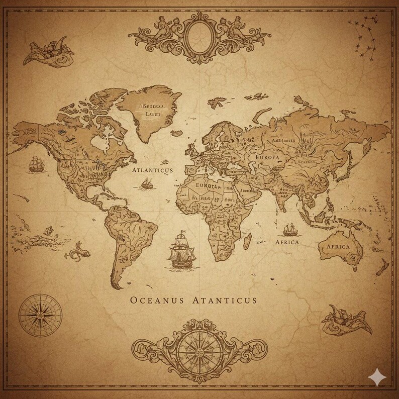 World Map Wall Art, Printable Travel Map, Digital Map Decor, Vintage ...