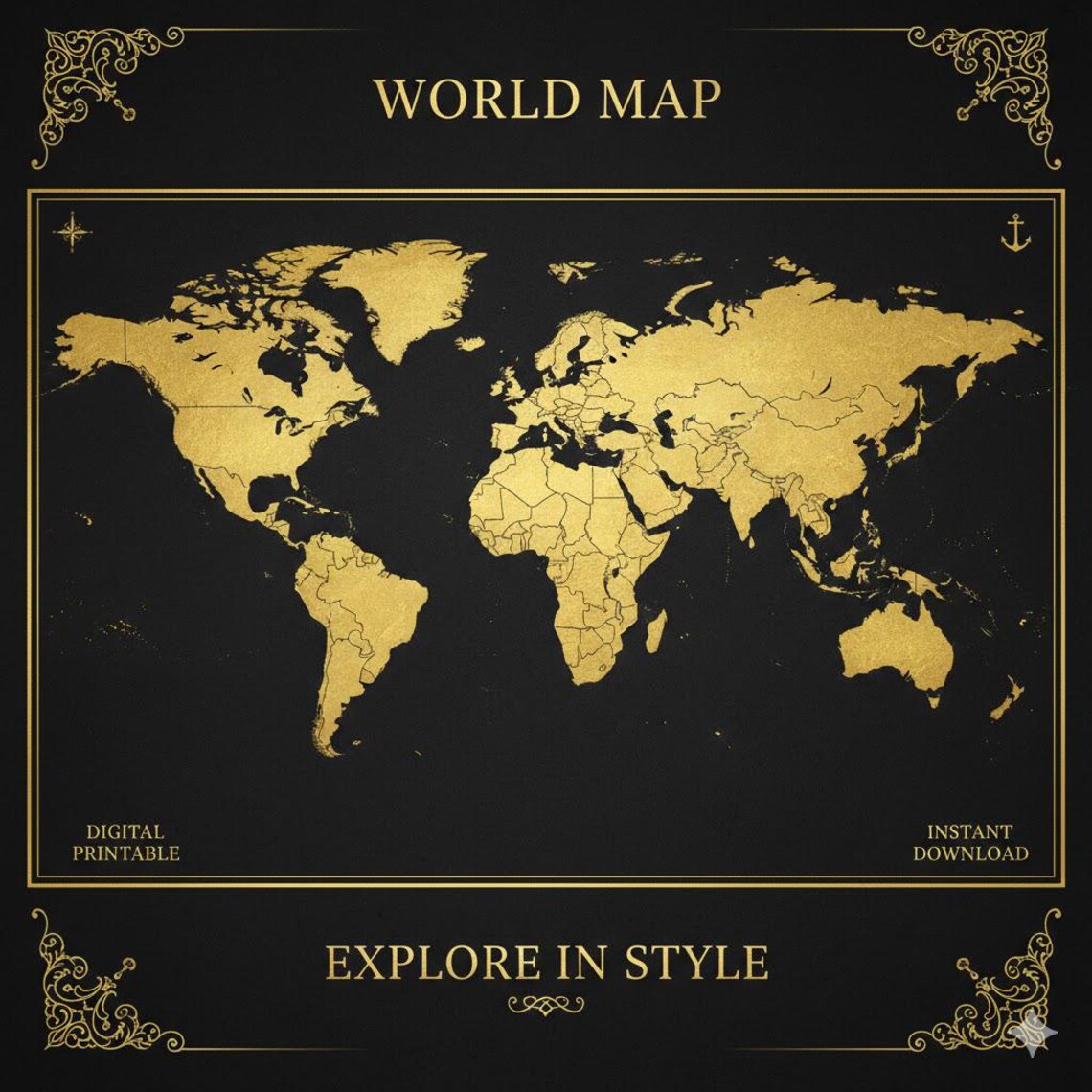 World Map Wall Art, Printable Travel Map, Digital Map Decor, Vintage ...
