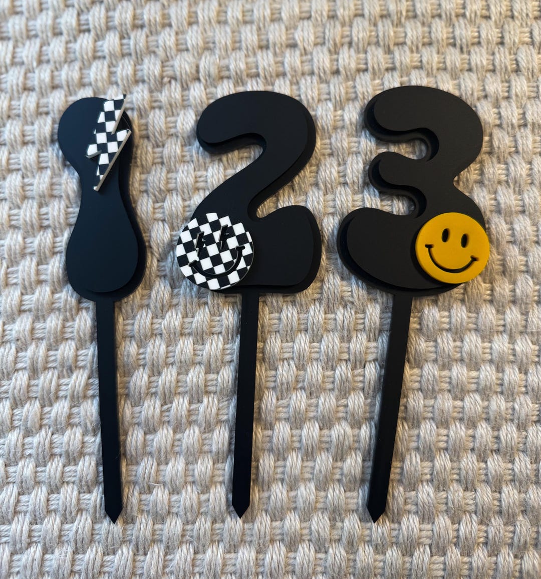 Retro Smiley Face Cake Topper: Checkered Lightning Bolt Birthday Decor ...