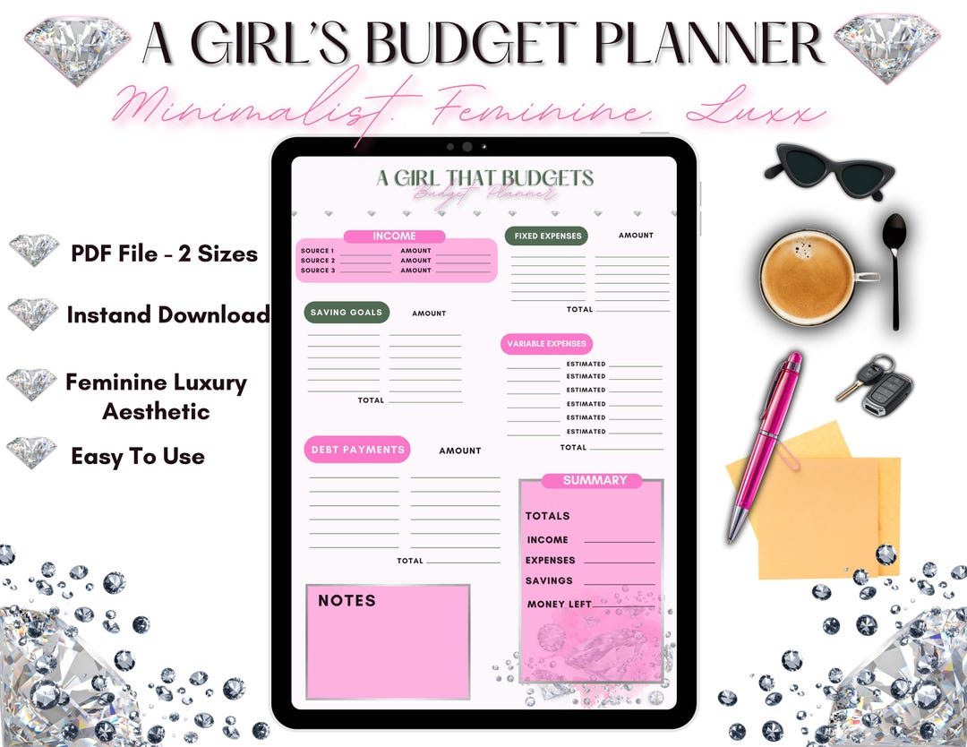 A Girl That Budgets | Digital Budget Planner | Pink/ Green Diamonds ...