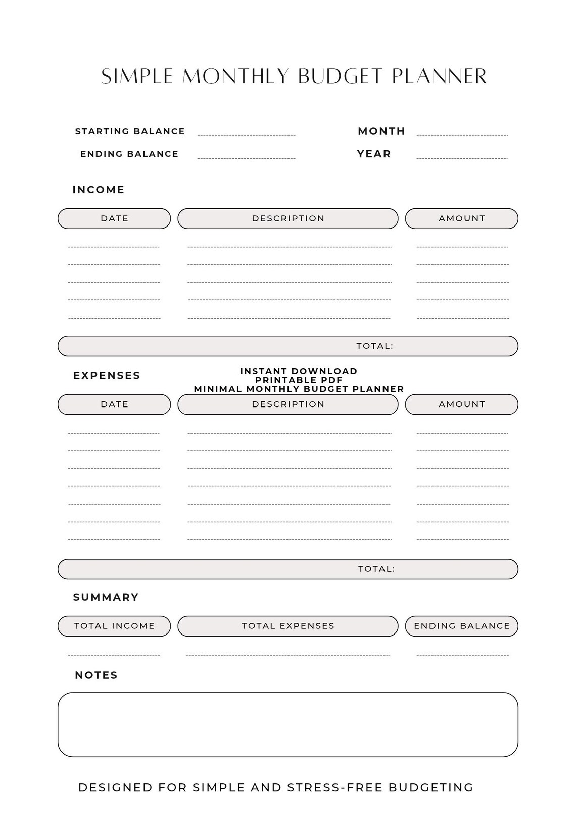 Simple Monthly Budget Planner Printable PDF | Minimal Budget Worksheet ...