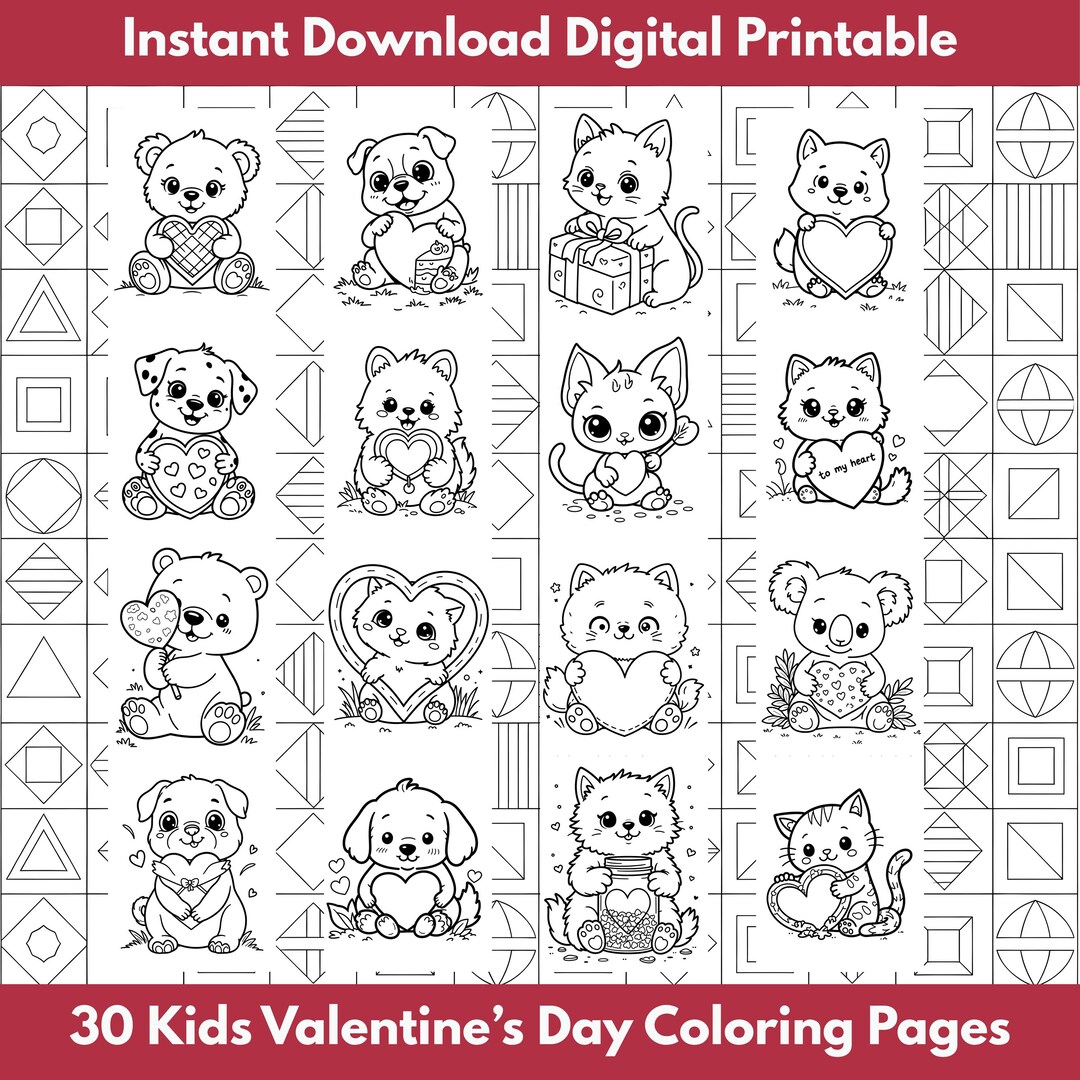 Valentine's Day Animal Coloring Pages for Kids – 30 Designs (digital ...