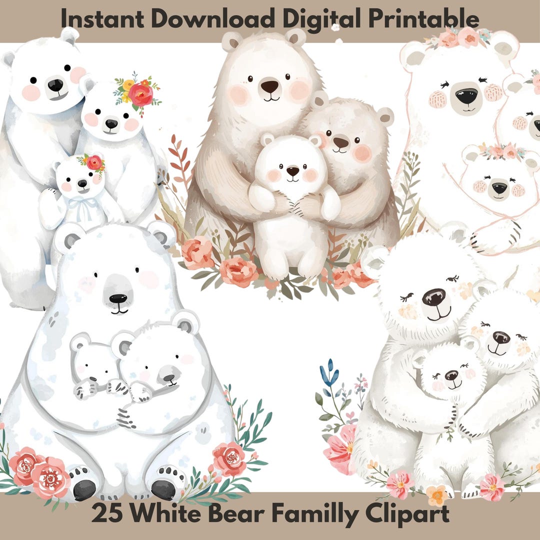 White Bear Family Clipart Bundle, Nursery Wall Art (svg, Png, Jpg, Pdf ...