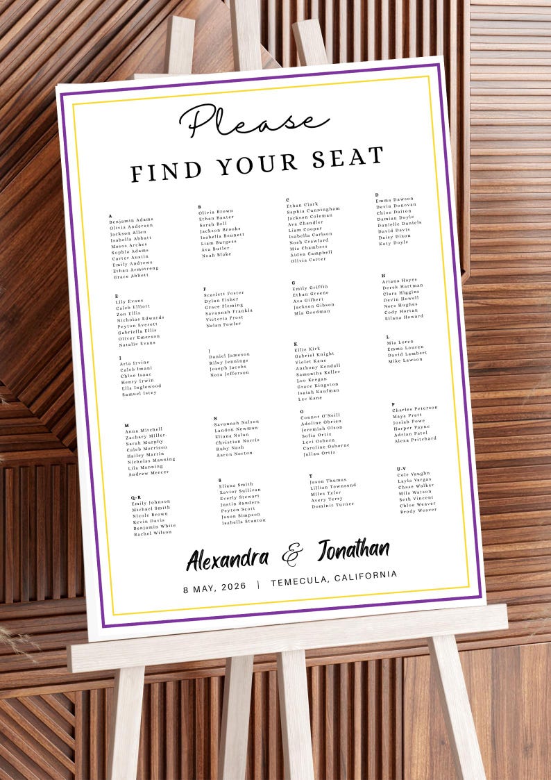 Elegant Alphabetical Wedding Seating Chart Template (canva Editable ...